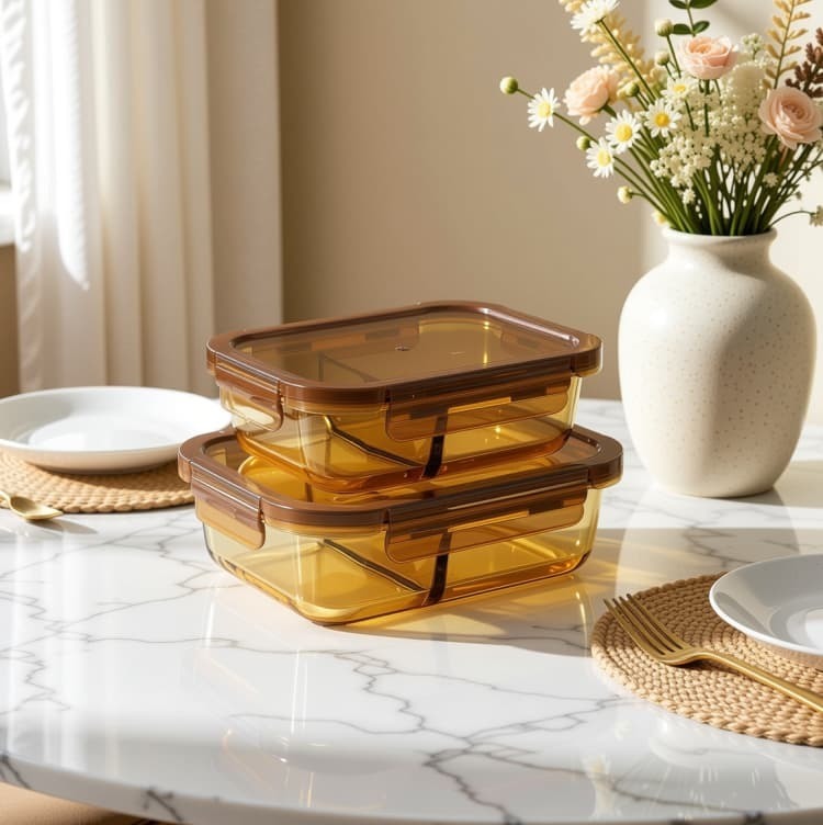 Amber Divided Glass Container with 4 Lock PP Lid