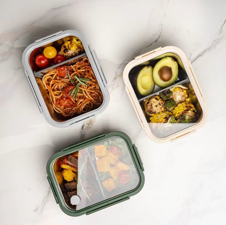 Contenedor de alimentos de acero inoxidable con tapa de vidrio y divisor